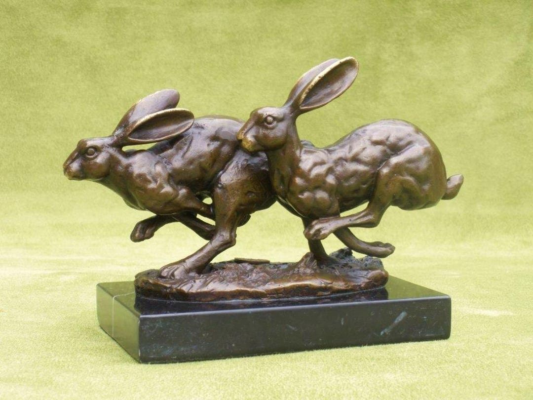 Bronze Sculpture Running Hares on Marble Base Statue Figurine Animal ...