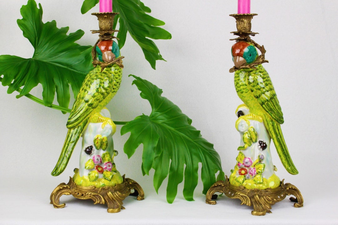Parrot Candlesticks Porcelain Figure Candle Holder Boho Chic Colorful ...