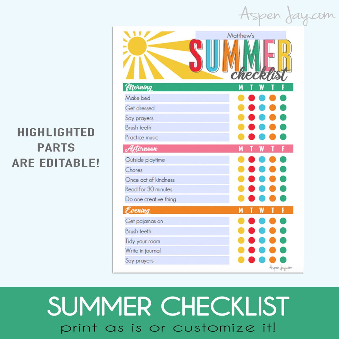 EDITABLE Summer Daily Checklist for Kids - INSTANT DOWNLOAD - Printable ...