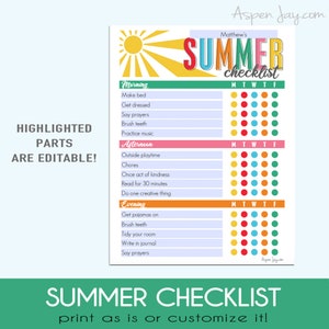 EDITABLE Summer Daily Checklist for Kids - INSTANT DOWNLOAD - Printable ...