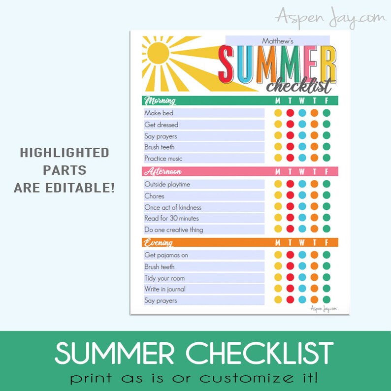 EDITABLE Summer Daily Checklist for Kids - INSTANT DOWNLOAD - Printable ...