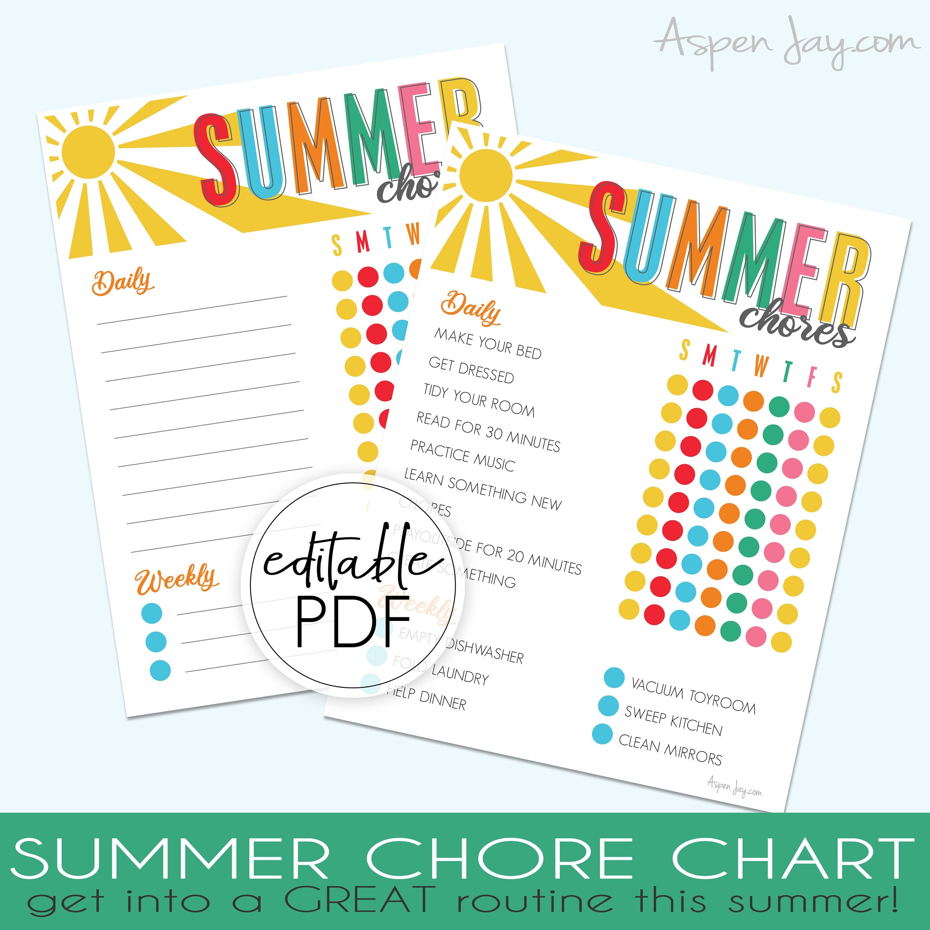EDITABLE Summer Chore Chart INSTANT DOWNLOAD Printable - Etsy UK