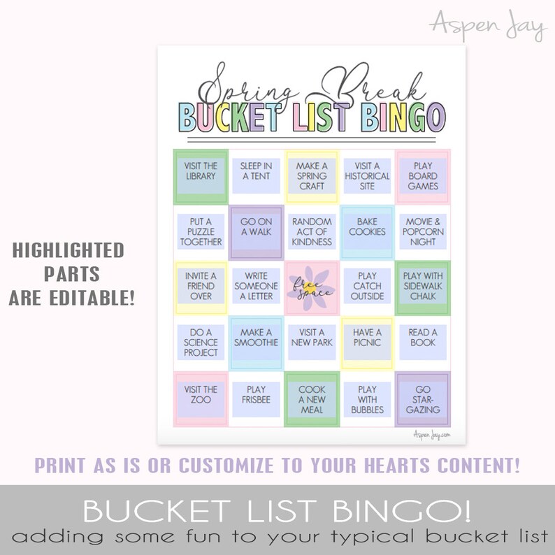 EDITABLE Spring Break Bucket List Bingo - INSTANT DOWNLOAD - Bucket ...