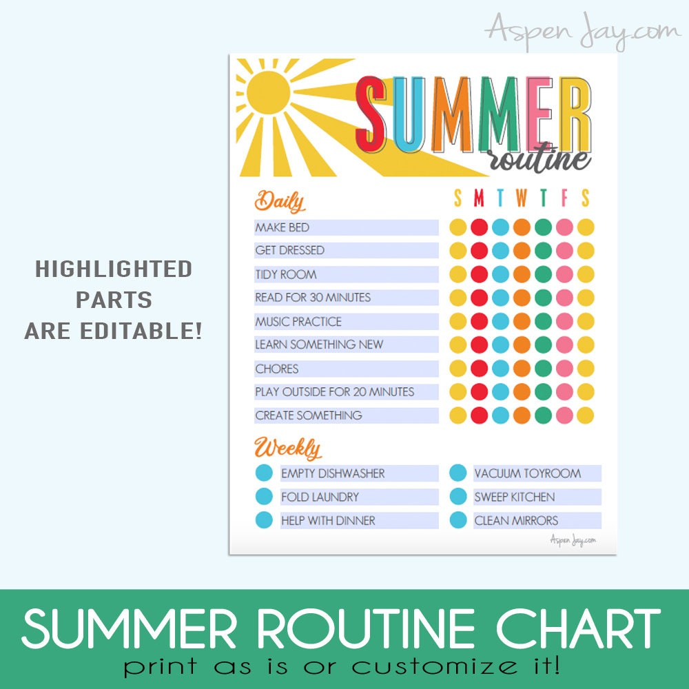 EDITABLE Summer Routine Chart for Kids - INSTANT DOWNLOAD - Printable ...