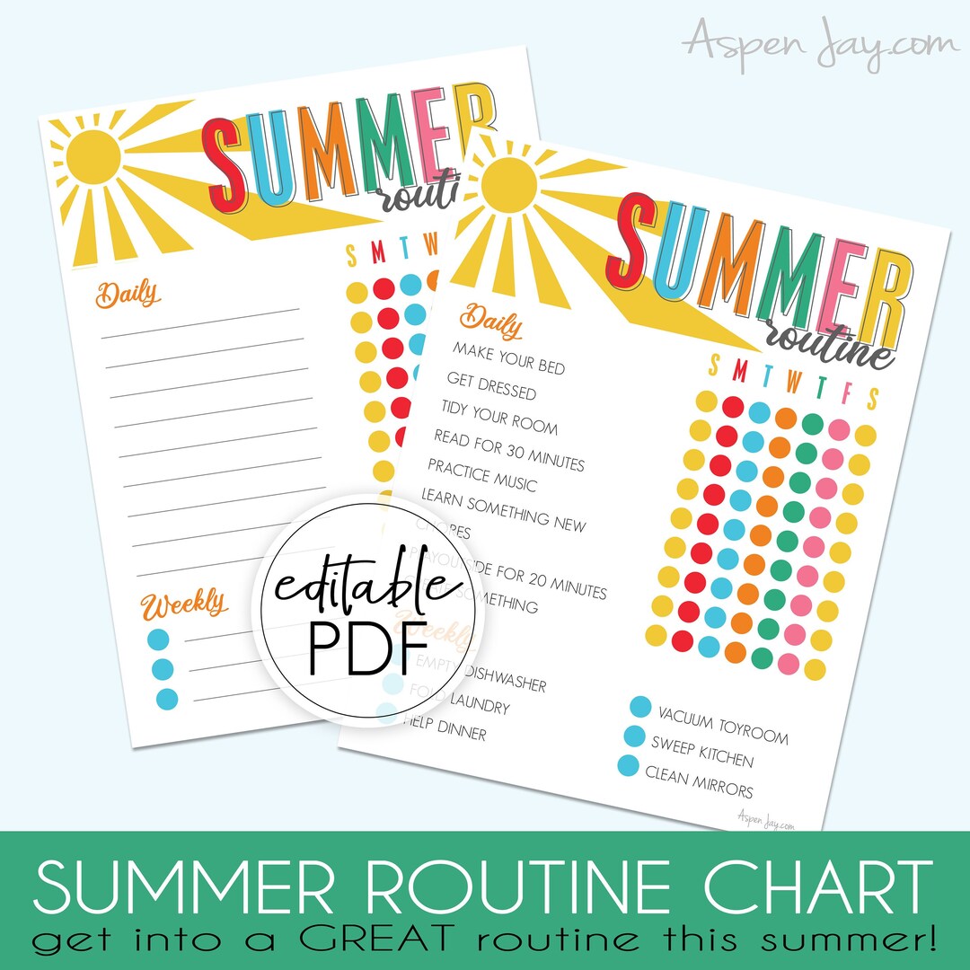 EDITABLE Summer Routine Chart for Kids - INSTANT DOWNLOAD - Printable ...
