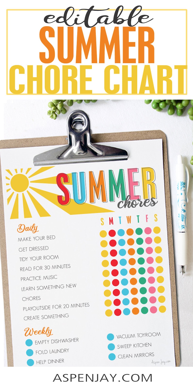 EDITABLE Summer Chore Chart - INSTANT DOWNLOAD - Printable Chore Chart ...