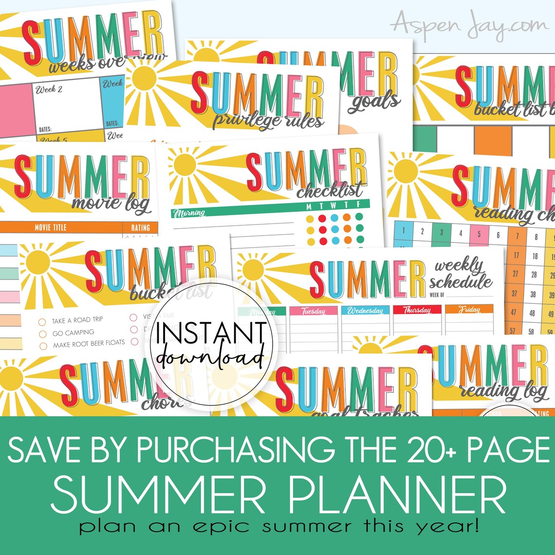 Summer Goal Charts for Kids - INSTANT DOWNLOAD - Goal Template for Kids ...