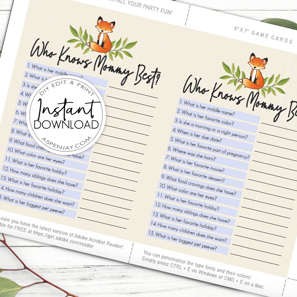 Fox Baby Shower Games Package EIGHT Printable Baby Shower - Etsy