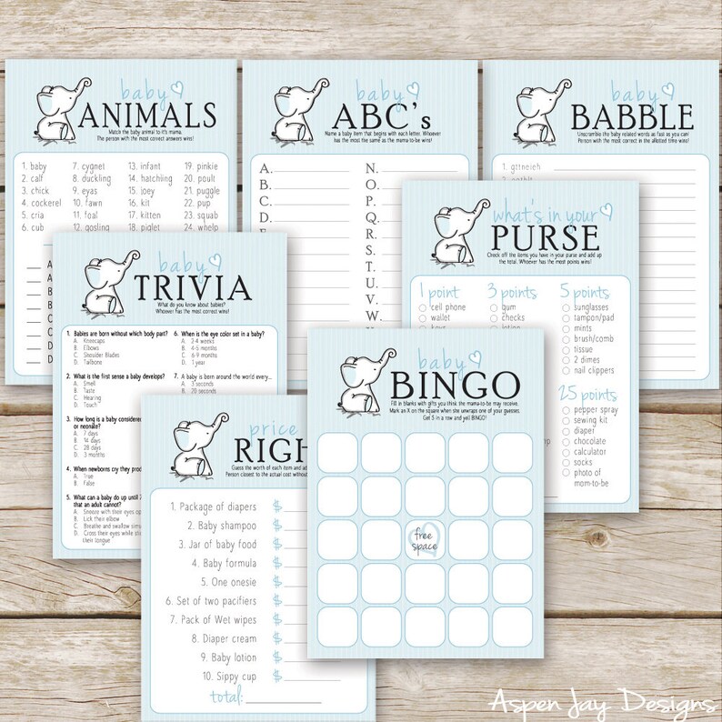 Blue Elephant Baby Shower Games Package SEVEN Printable Boy - Etsy