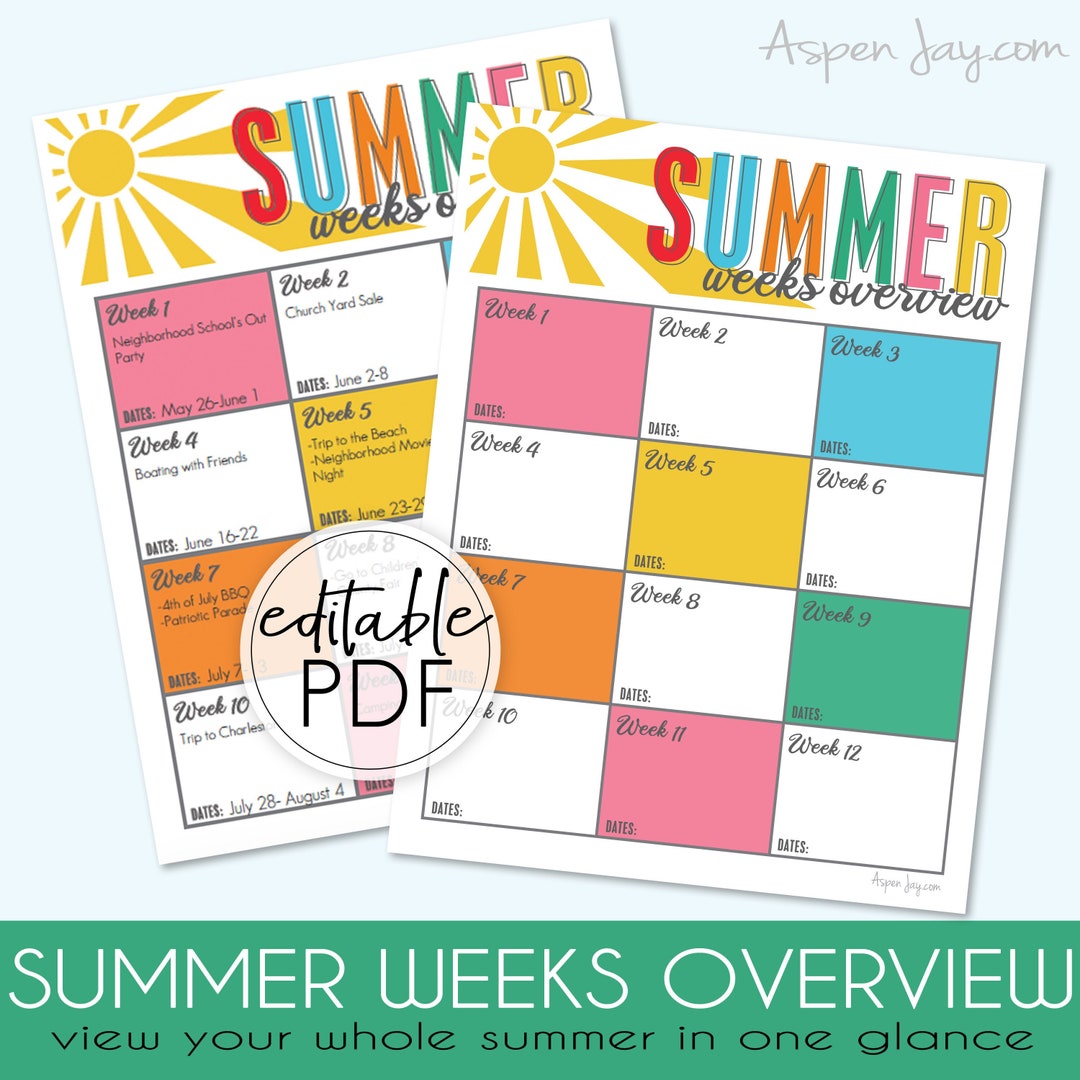 EDITABLE Summer Weeks Calendar Printable - INSTANT DOWNLOAD - Summer ...
