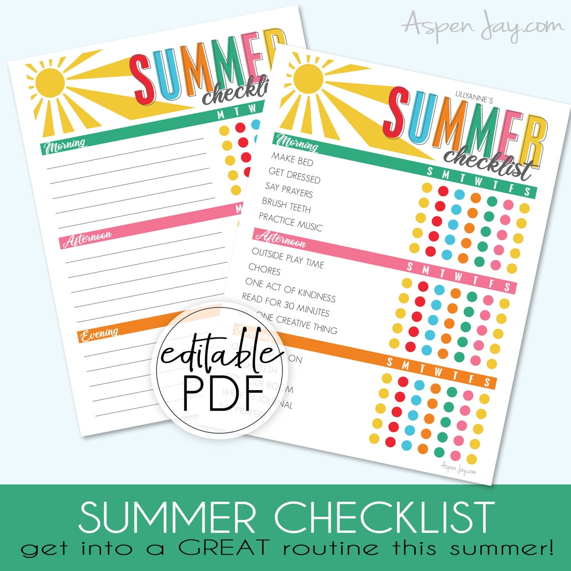 EDITABLE Summer Daily Checklist for Kids - INSTANT DOWNLOAD - Printable ...