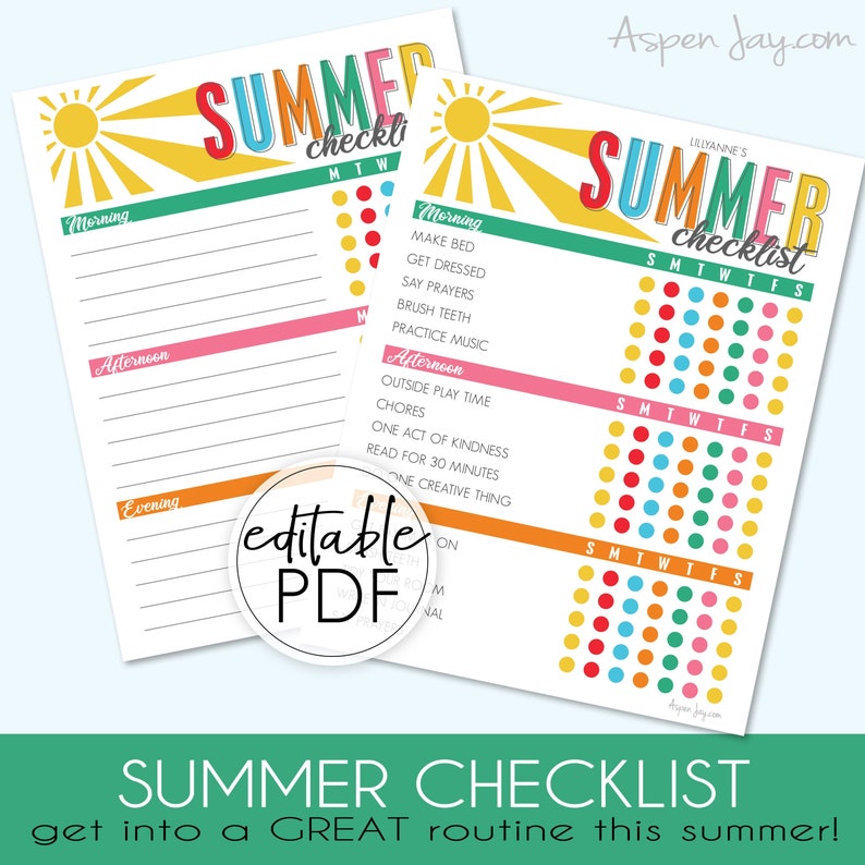 EDITABLE Summer Daily Checklist for Kids - INSTANT DOWNLOAD - Printable ...