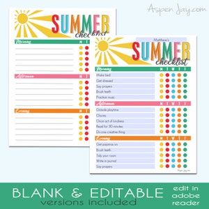 EDITABLE Summer Daily Checklist for Kids - INSTANT DOWNLOAD - Printable ...