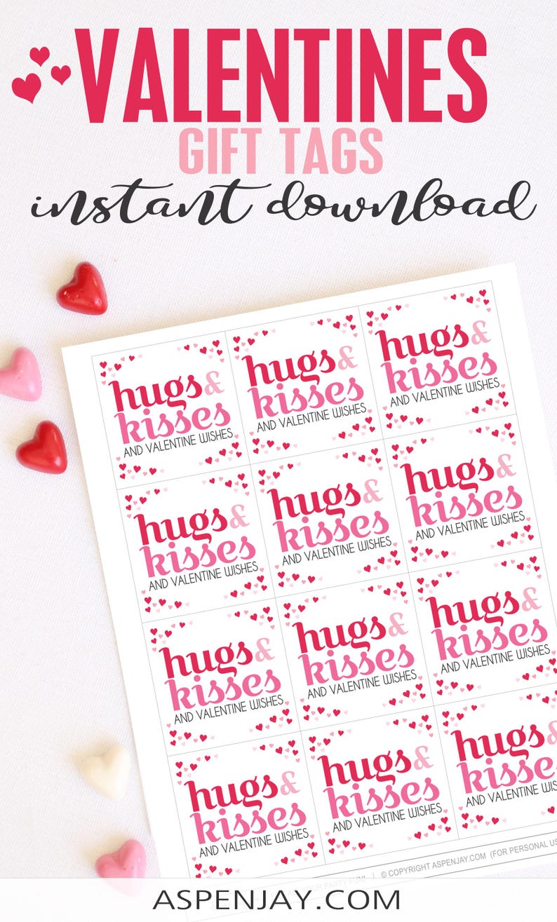 Hugs & Kisses Valentine Tags Printable, INSTANT DOWNLOAD, Valentine ...