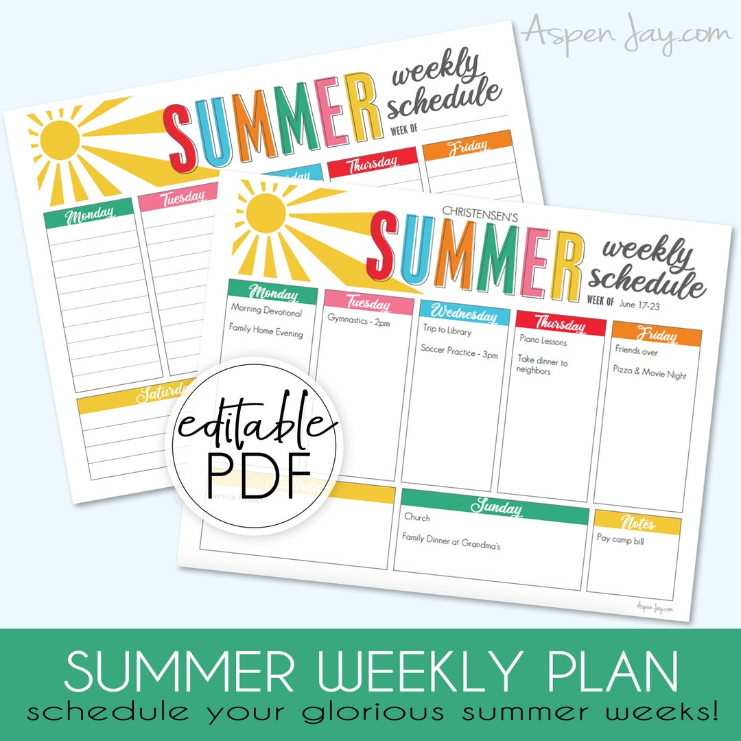 EDITABLE Summer Weekly Schedule for Kids & Families - INSTANT DOWNLOAD ...