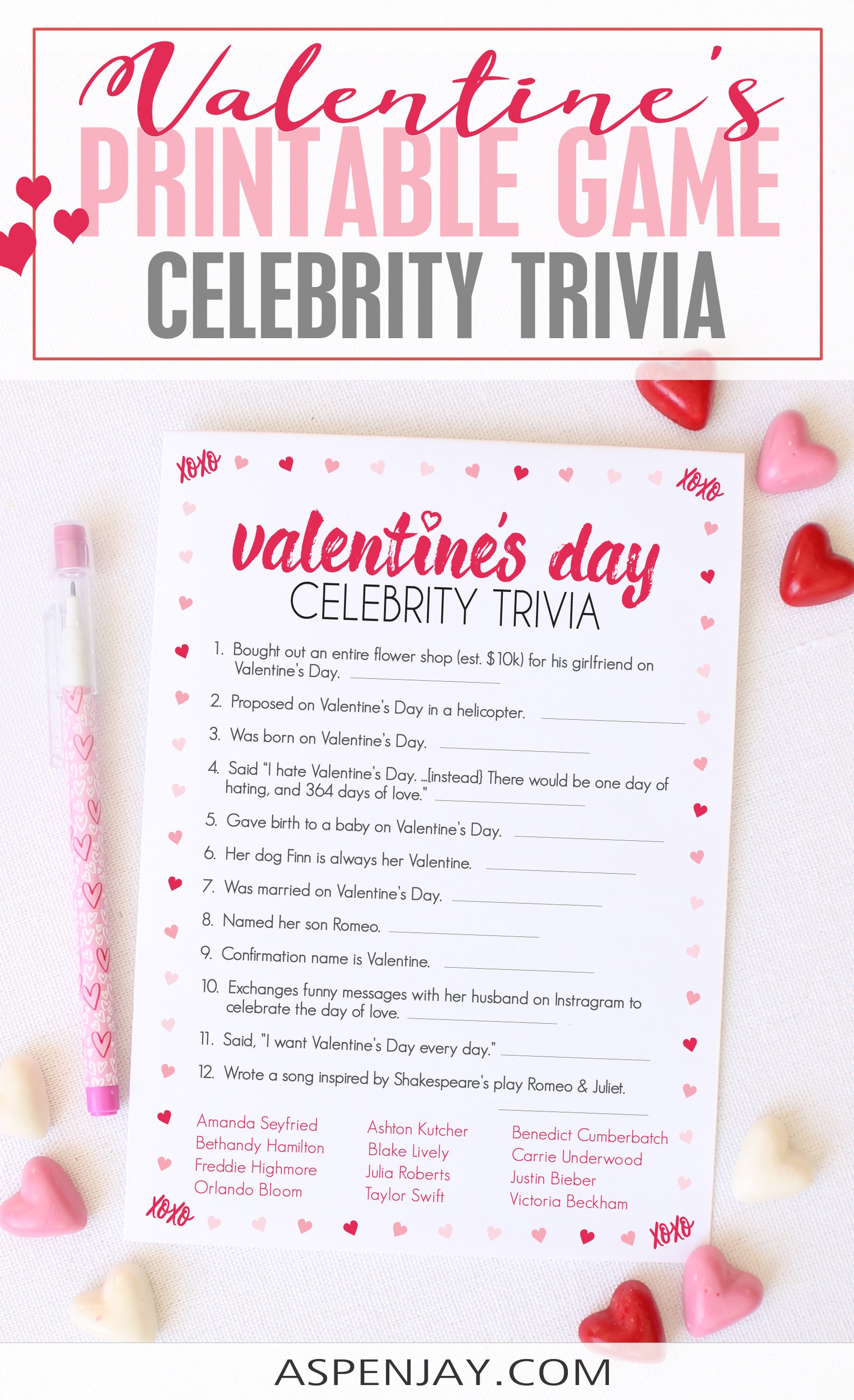Valentines Celebrity Trivia Game INSTANT DOWNLOAD | Etsy