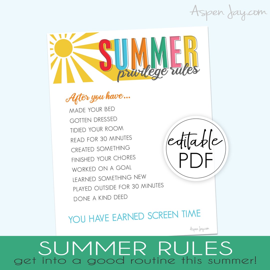 EDITABLE Summer Rules for Kids - INSTANT DOWNLOAD - Screen Time Rules ...