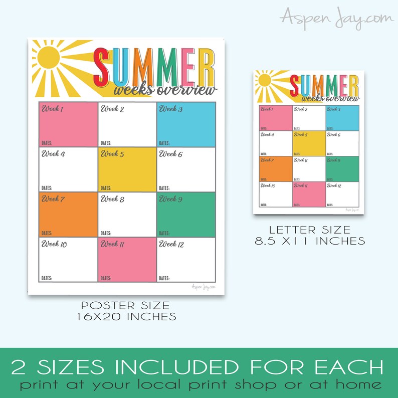 EDITABLE Summer Weeks Calendar Printable - INSTANT DOWNLOAD - Summer ...