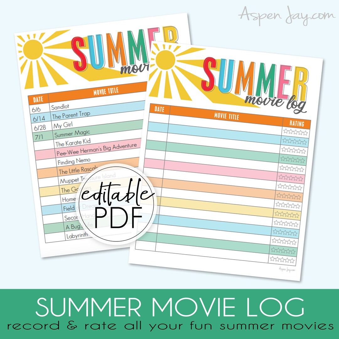 EDITABLE Summer Movie Log for Kids - INSTANT DOWNLOAD, Summer Movie ...