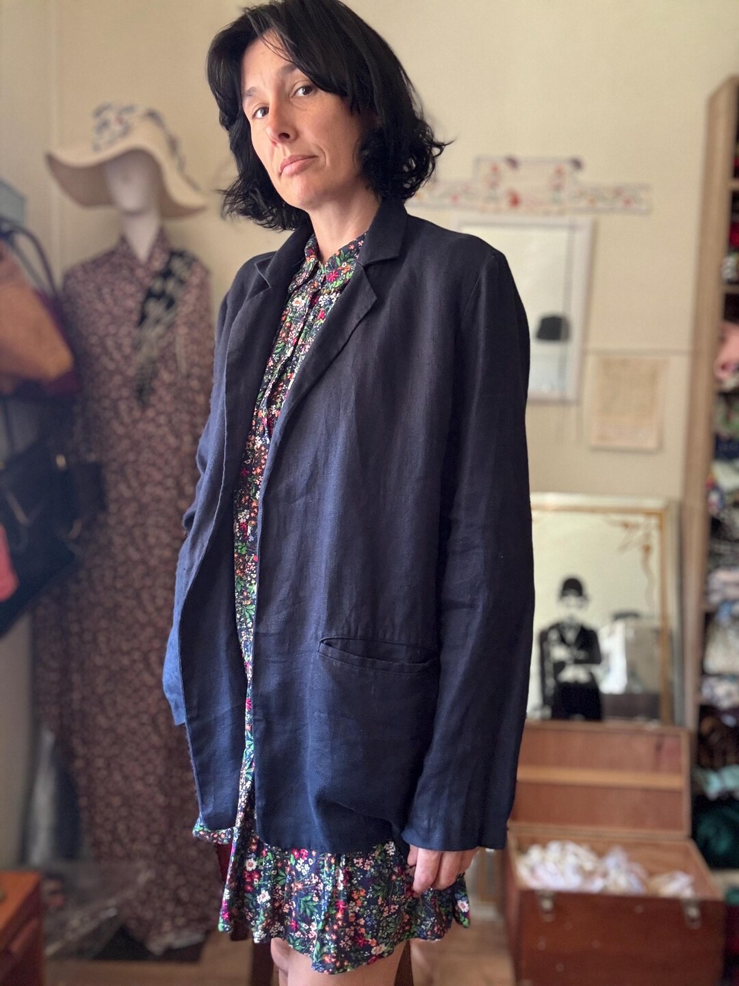 Linen Dark Blue Pockets Shoulder Pads Autumn Spring Blazer Jacket AUS ...