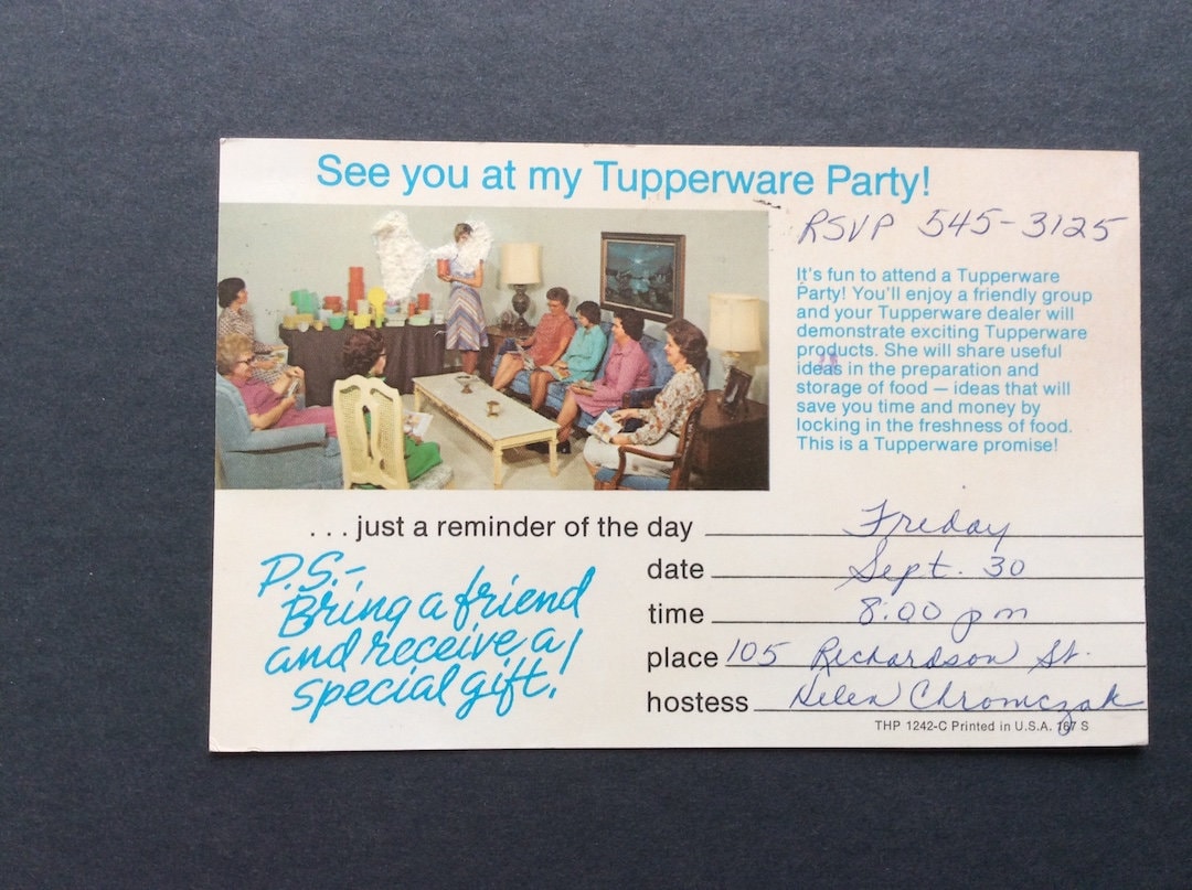 1977 TUPPERWARE PARTY INVITATION Postcard Stacking Canister/ Measuring ...