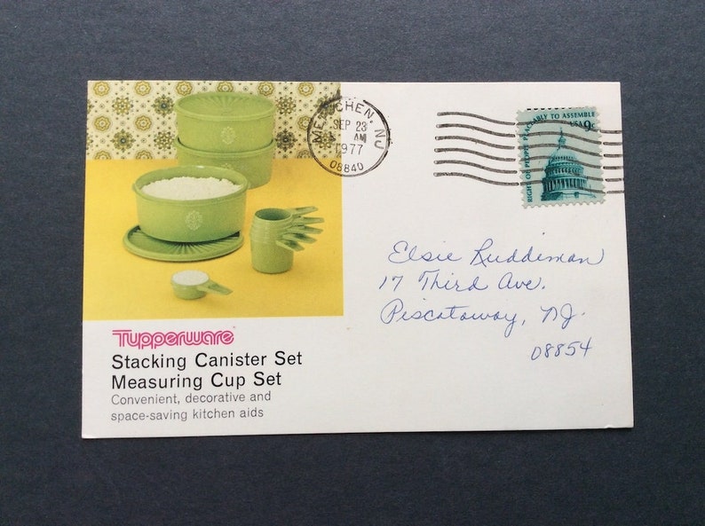 1977 TUPPERWARE PARTY INVITATION Postcard Stacking Canister/ Measuring ...