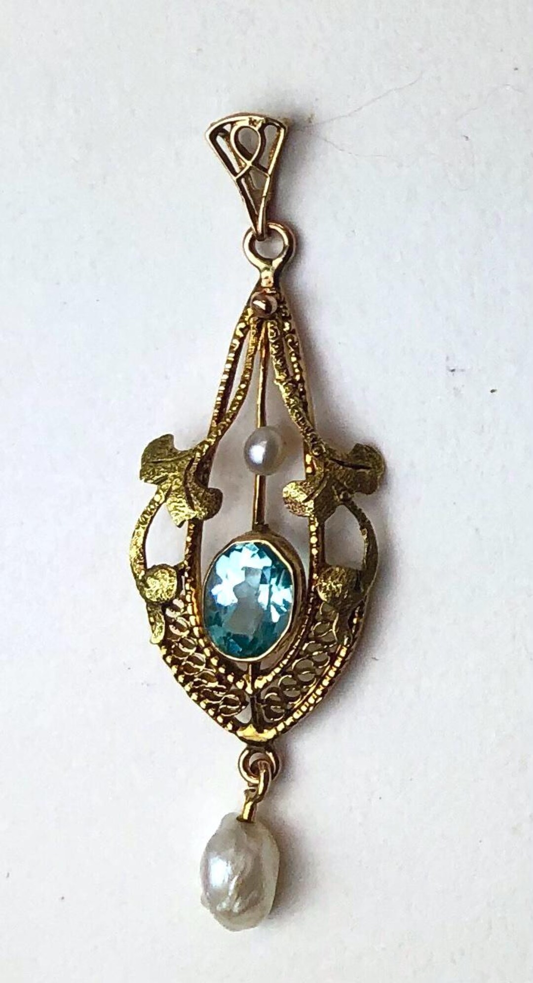 Antique 10K Gold Lavalier Pendant for Necklace Pearl Aquamarine Colored ...