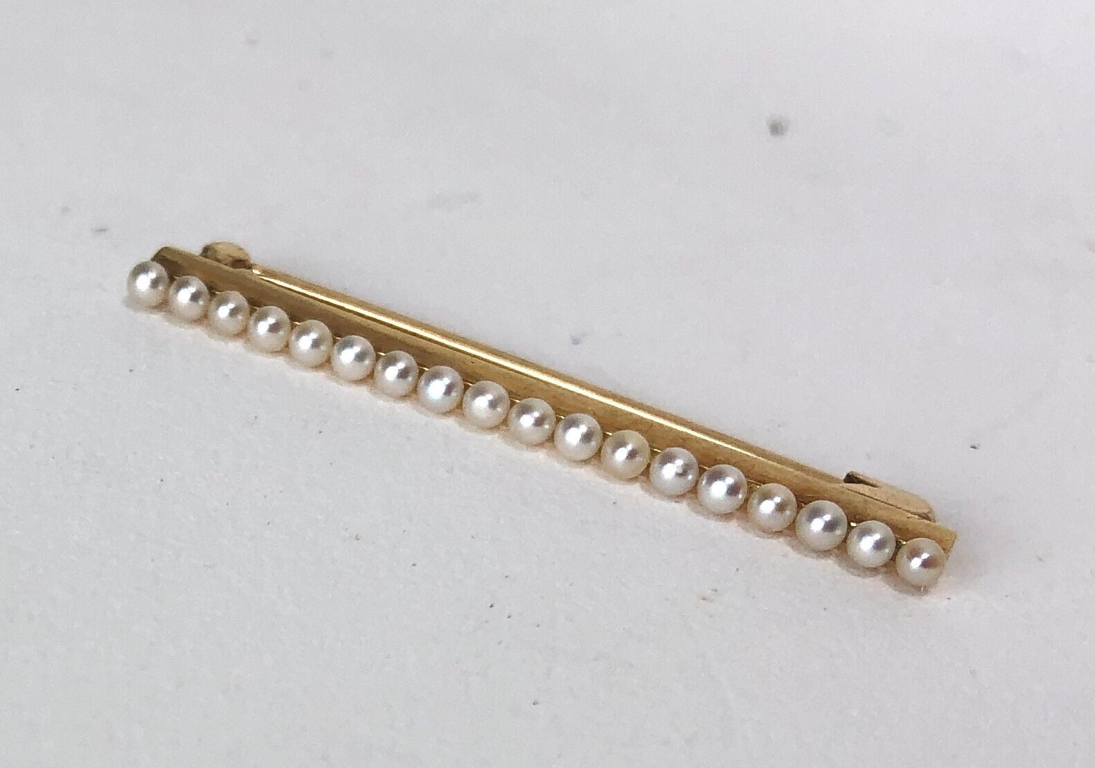 Vintage 14K Gold Pearl Bar Pin Brooch Yellow Gold 18 Pearls 1 1/2 ...