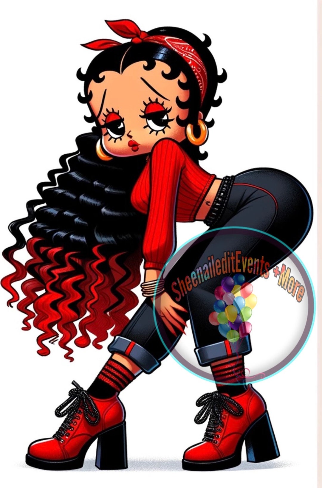 African American Betty Boop Dressed in Red Wearing Red Bandanna, Black Betty Boop, Boop, Digital ...
