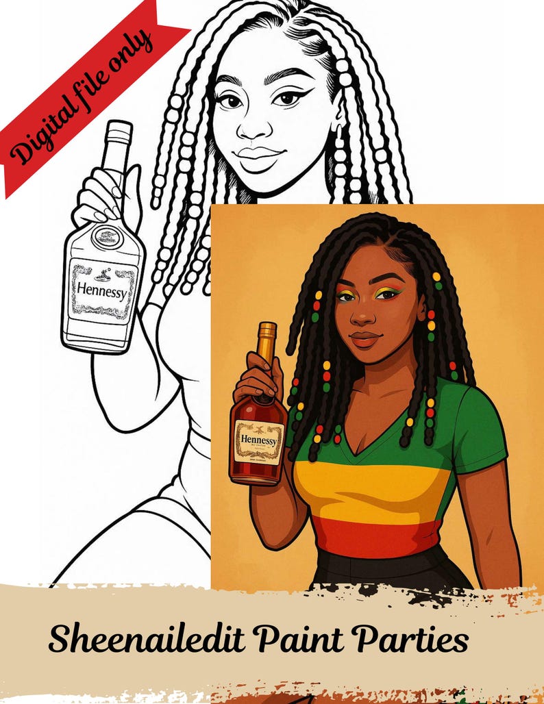 Rasta Vibes Hennessy Girl Coloring Page | Sip and Paint Printable ...