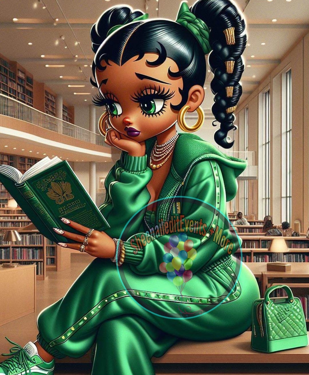 Boop, Black Betty Boop, Green, Library, Black Art, Wall Art, Reading ...