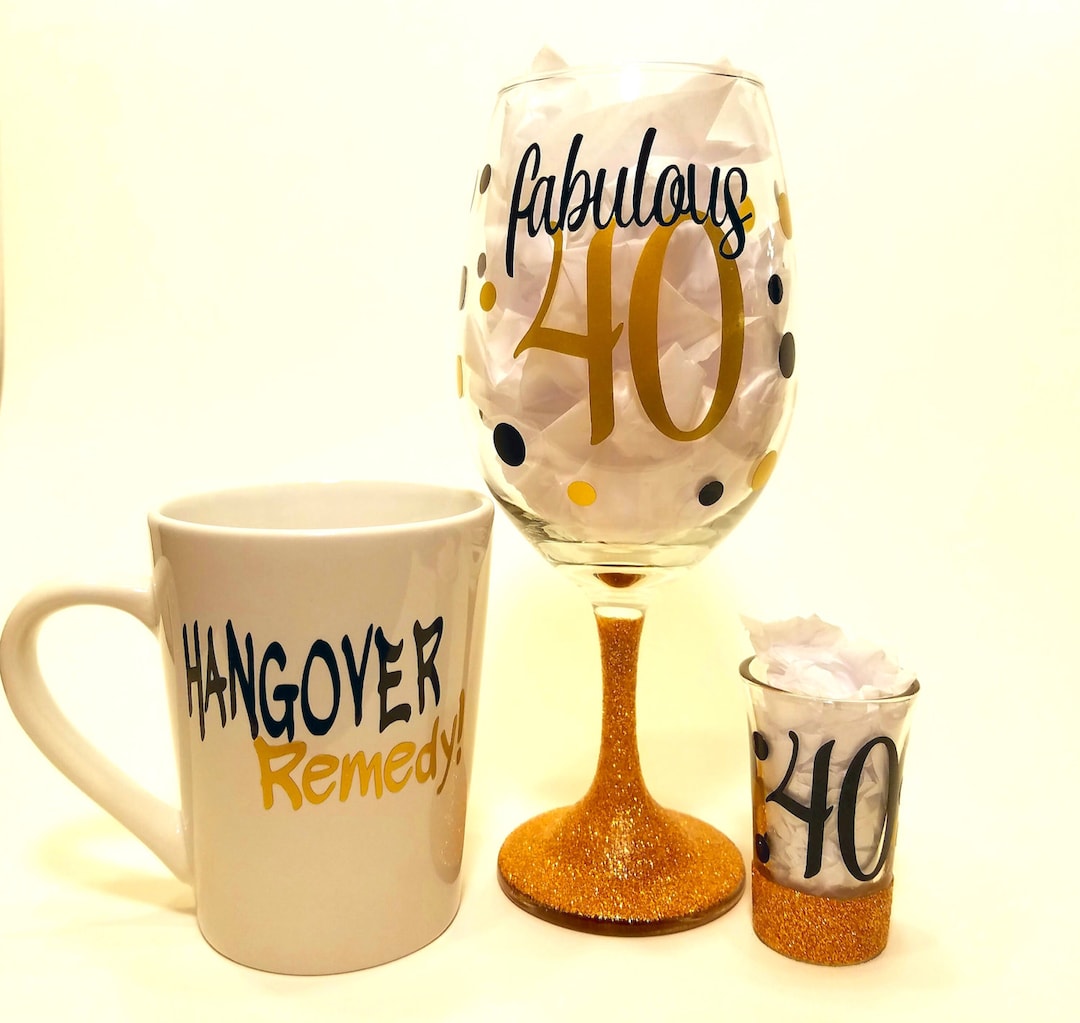 Fabulous 40th BIRTHDAY Set. Glitter Stemmed Wine Glass; Shot Glass ...