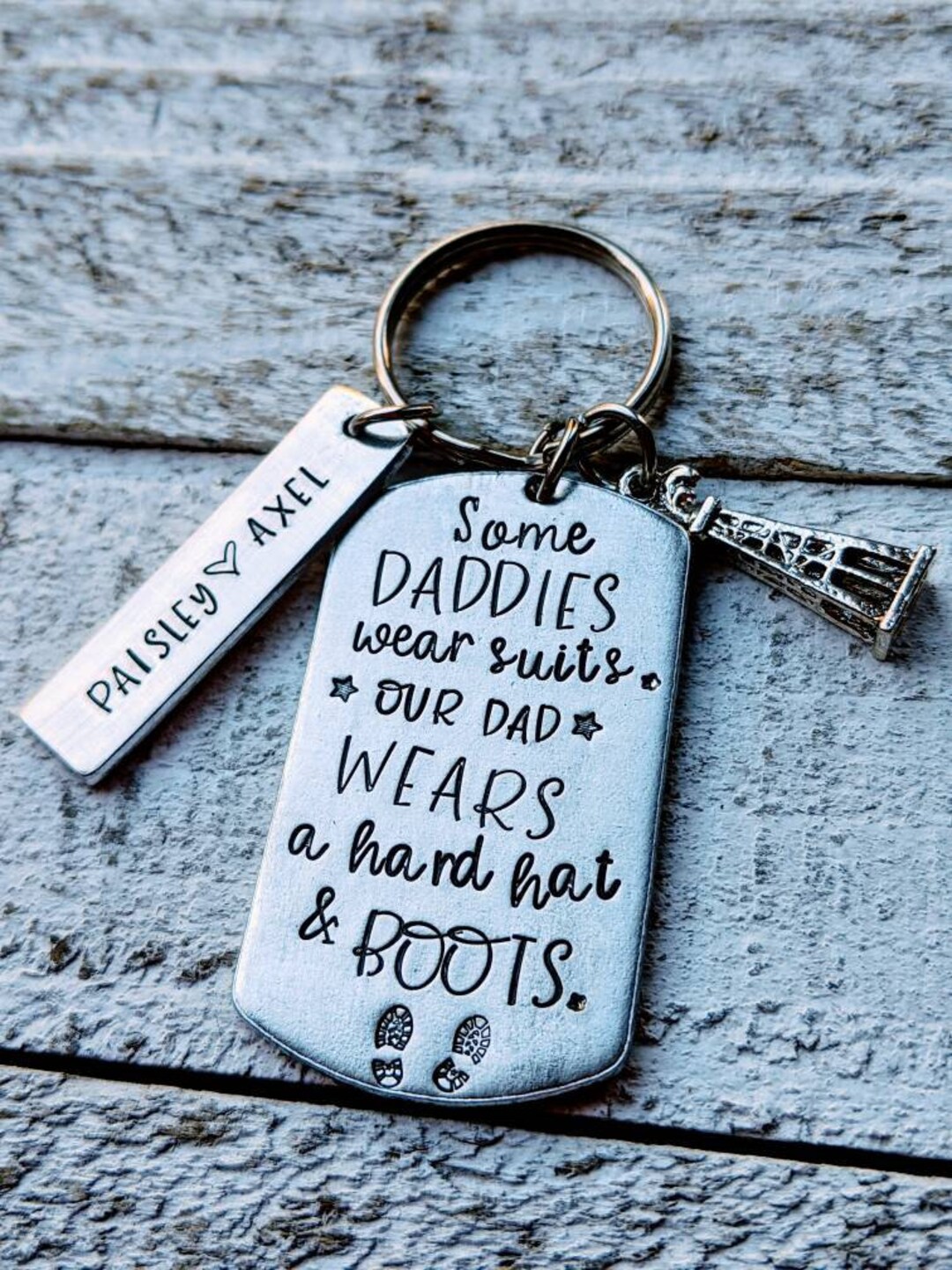 Hand Stamped Oilfield Dad Keychain – Personalized Names, Hard Hat ...