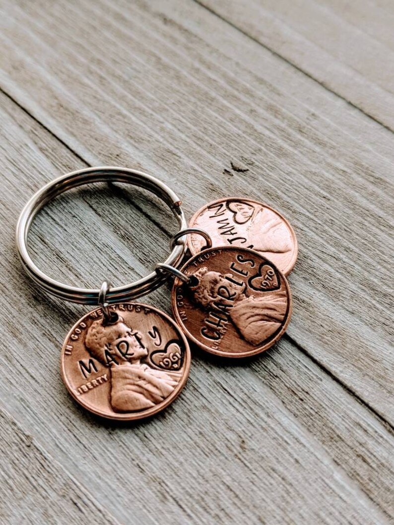 Personalized Hand Stamped Copper Penny Keychain, Family Names & Birth ...