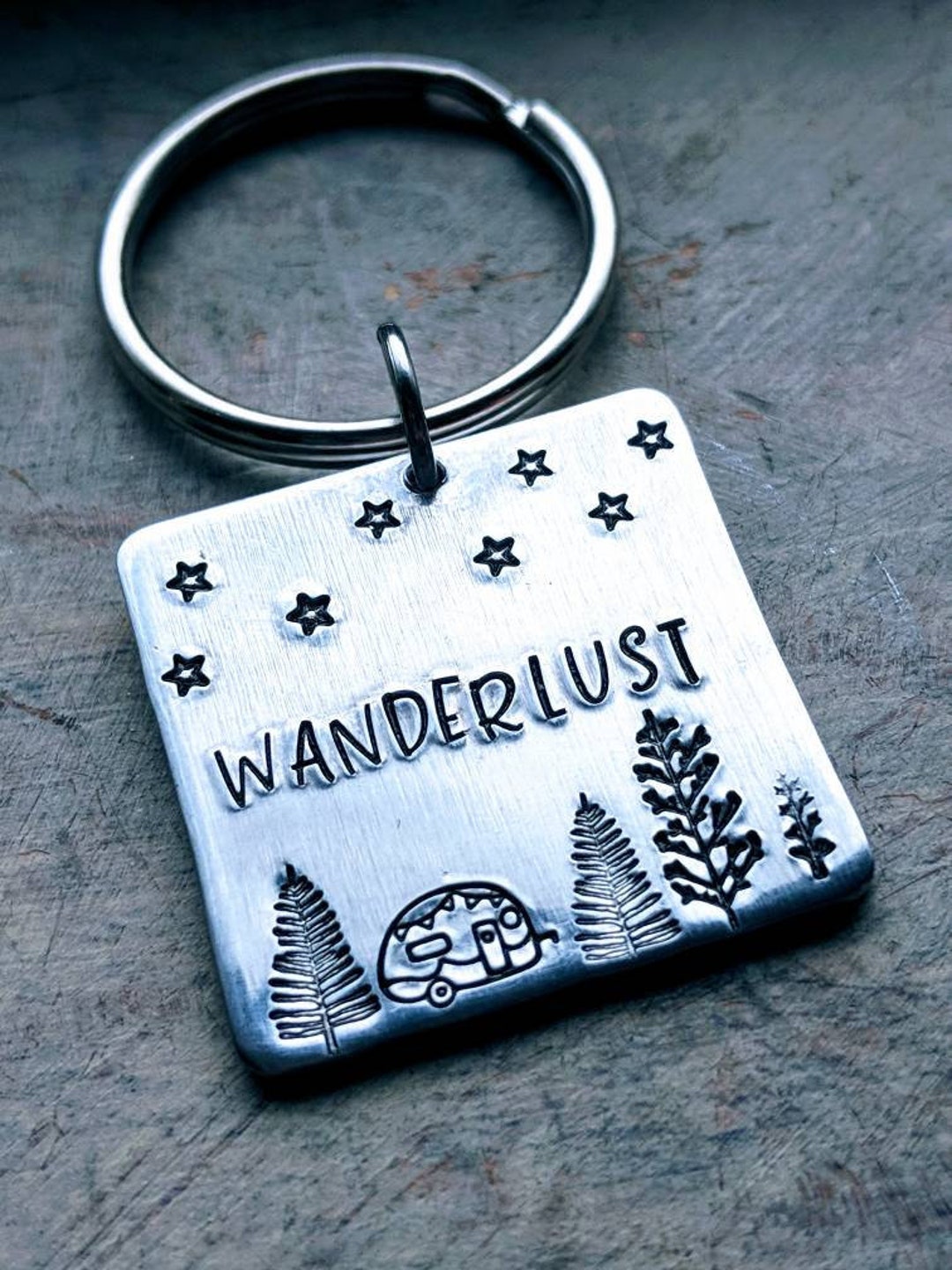 Hand Stamped Wanderlust Key Chain With Trees and Stars - Traveler Gift ...