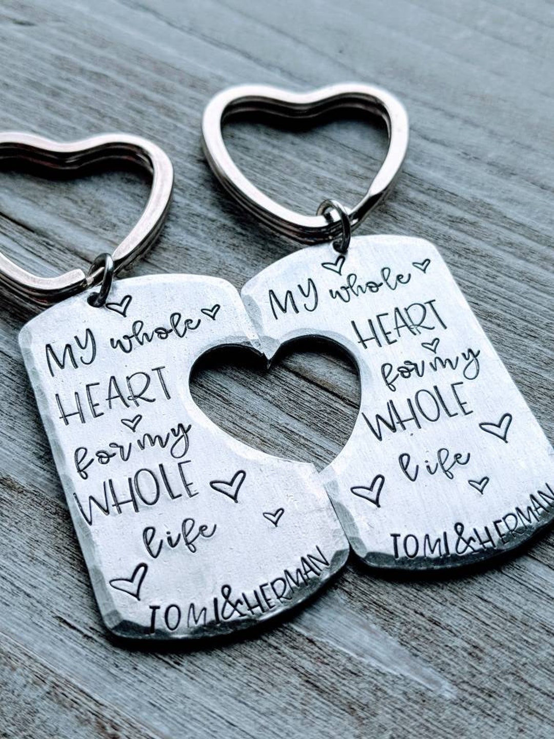 Hand Stamped Couples Keychains: Heart Cut Out, Personalized Names - Etsy
