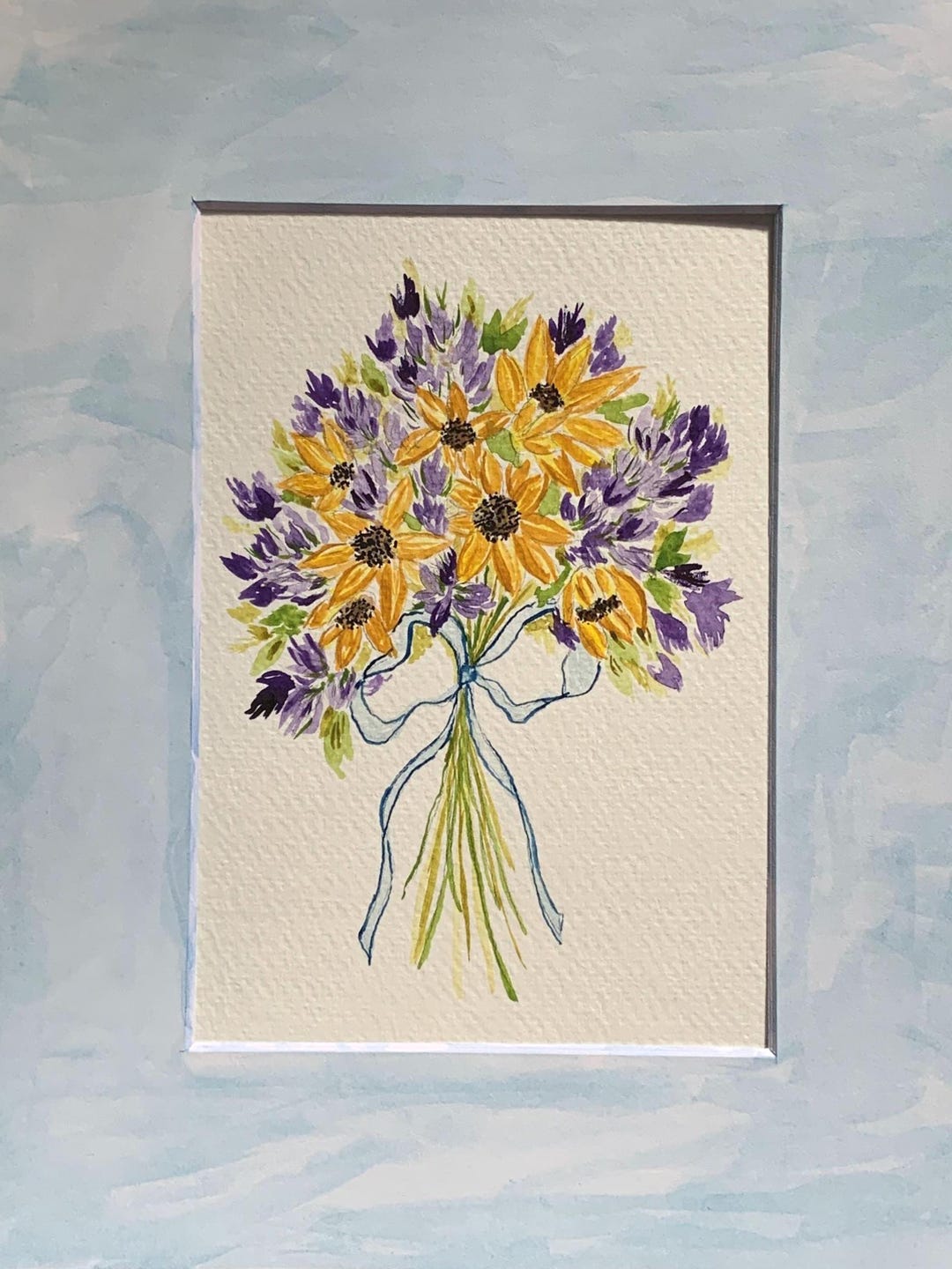 Wildflower Watercolor Flower Bouquet Painting With Blue Hand-painted ...