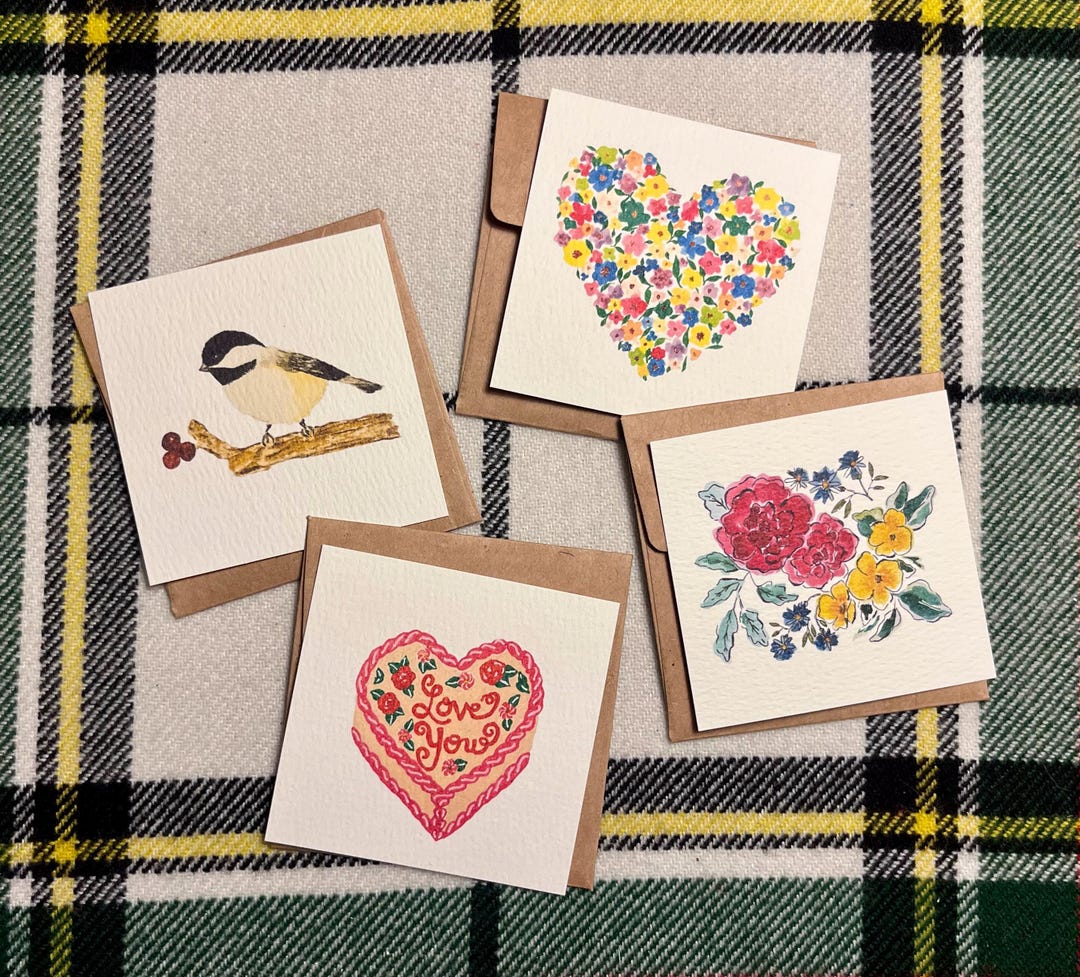 Mini Blank Cards, Set of Four Designs, Flowers, Chickadee, Love You ...