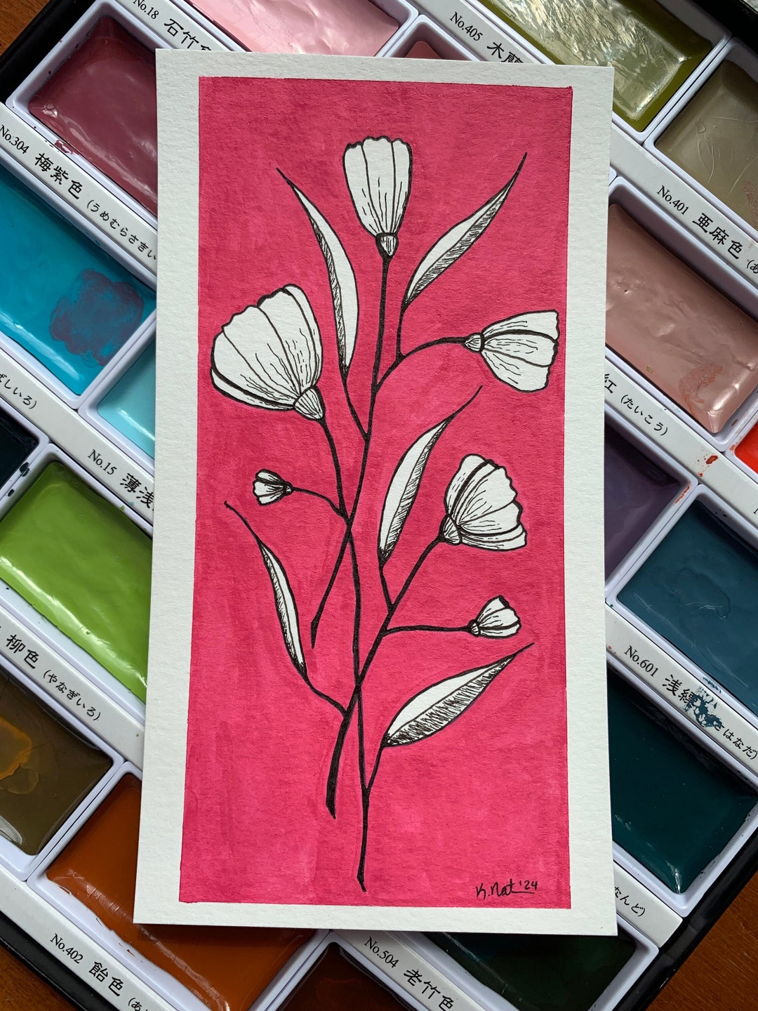 Pink Watercolor & Ink Flowers, Ink Drawing, Original Artwork, Ink ...