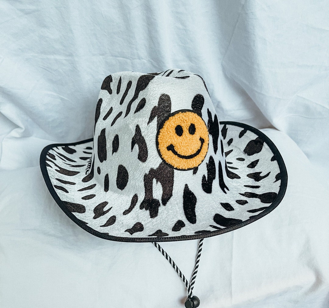 Cow Print Smiley Face Cowboy Hat - Etsy