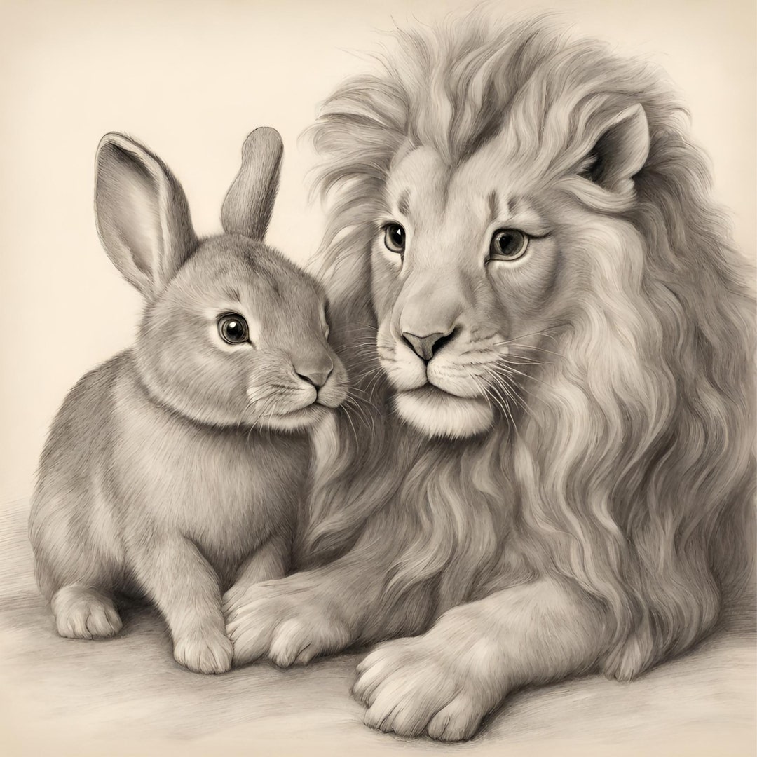 LION AND BUNNY Digital Printable Download Pencil Art - Etsy