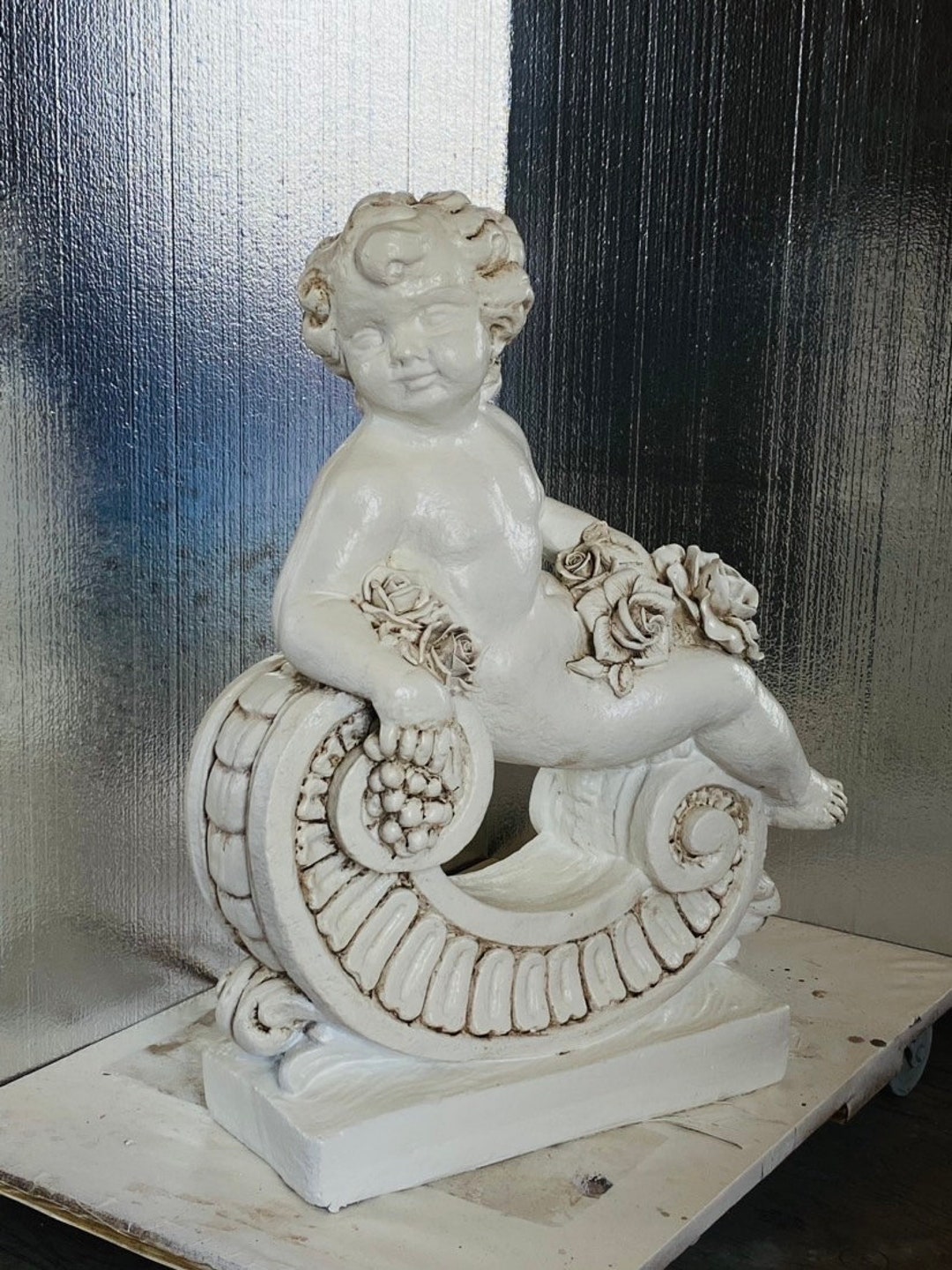 Large Cherub Roses Interior Statue Concrete Painted. Faces Left 3D ...