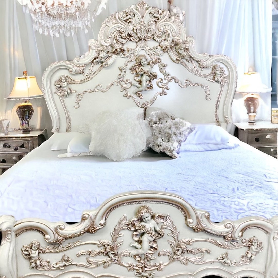 King Bed Frame - Queen -master Bedroom - French Cherub Rose White Gold ...