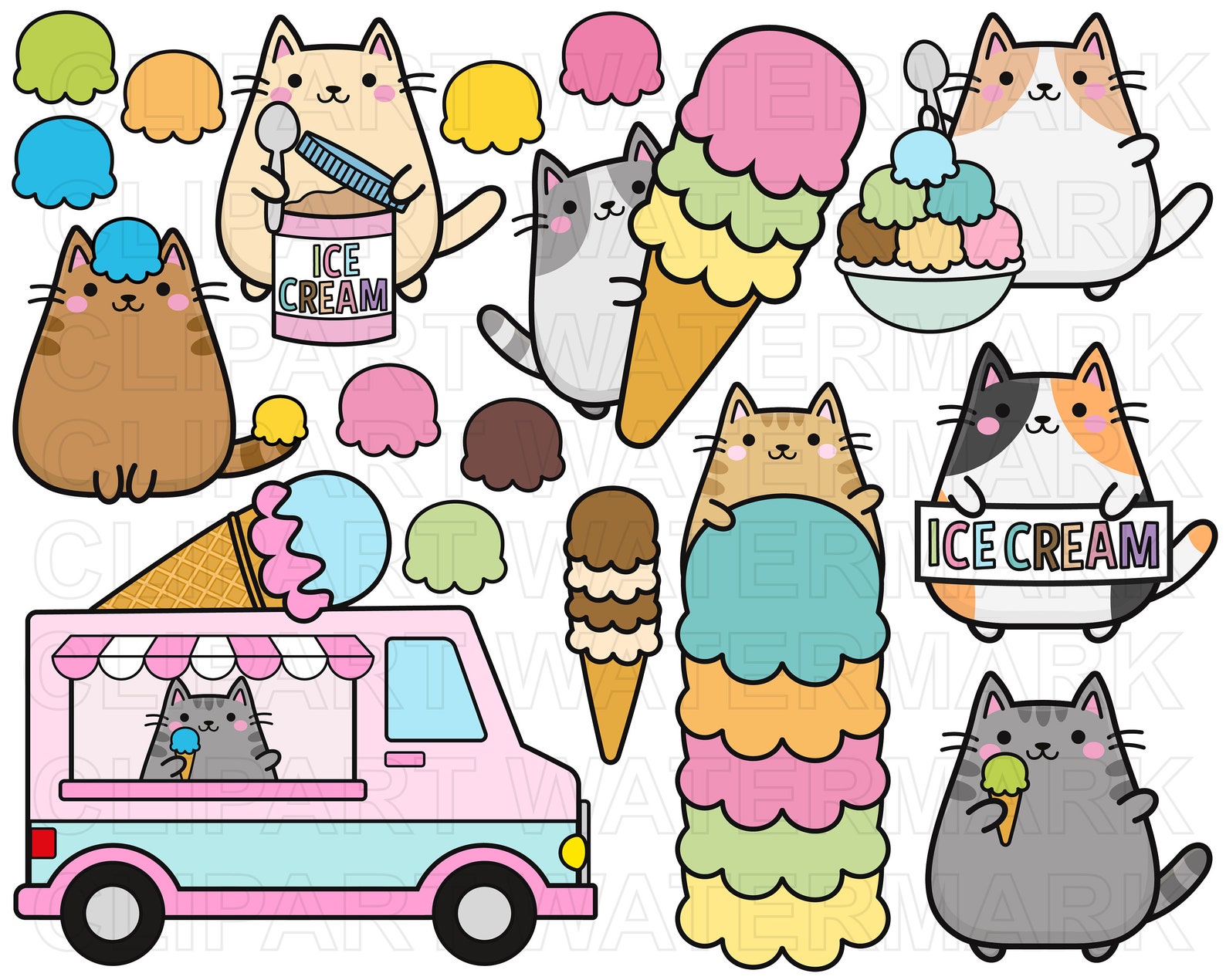 Vector Clipart Kawaii Cat, Cute Ice Cream Party Cats, Cat Clipart, Cats ...