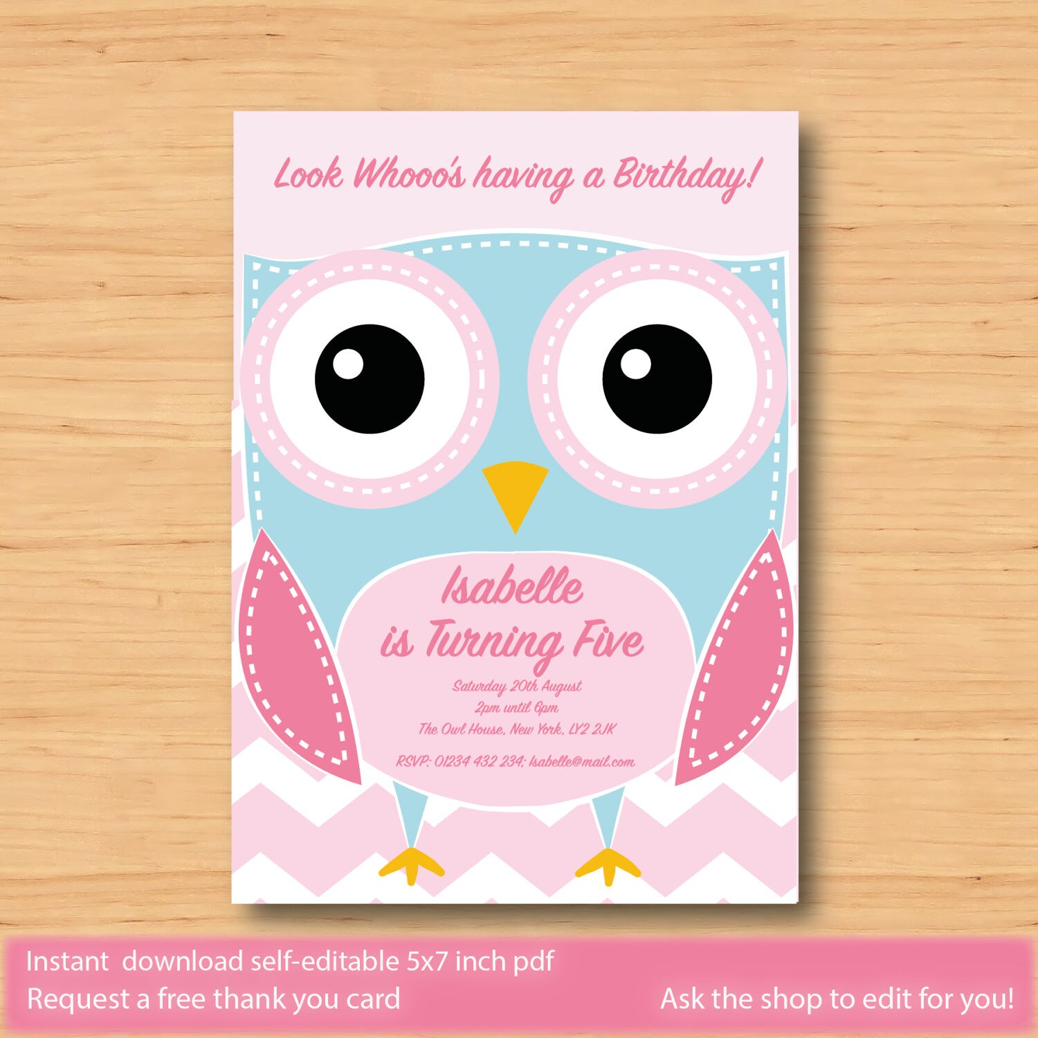 Personalized Owl invite SELF EDITABLE PDF 5 x 7 inch | Etsy