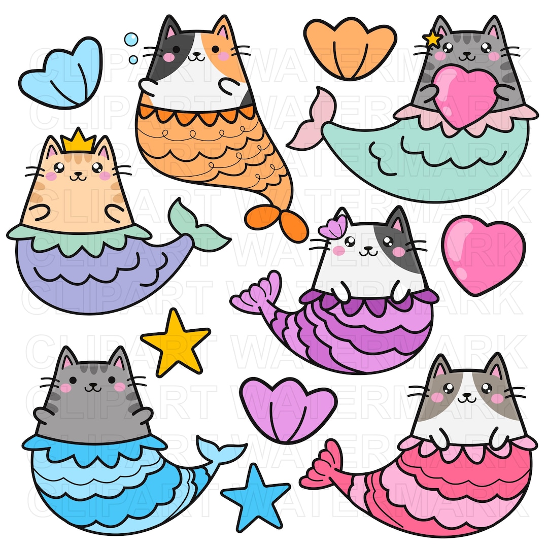 Mermaid Clipart, Cat Mermaid Clipart, Kawaii Cat Clipart, SVG and PNG ...