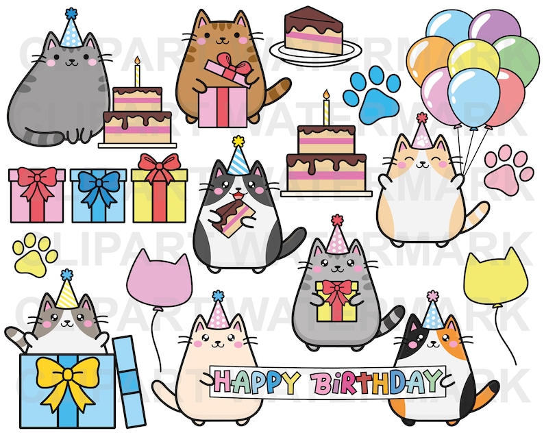 Vector Clipart Kawaii Cat Cute Birthday Party Cats Sleeping Etsy Uk