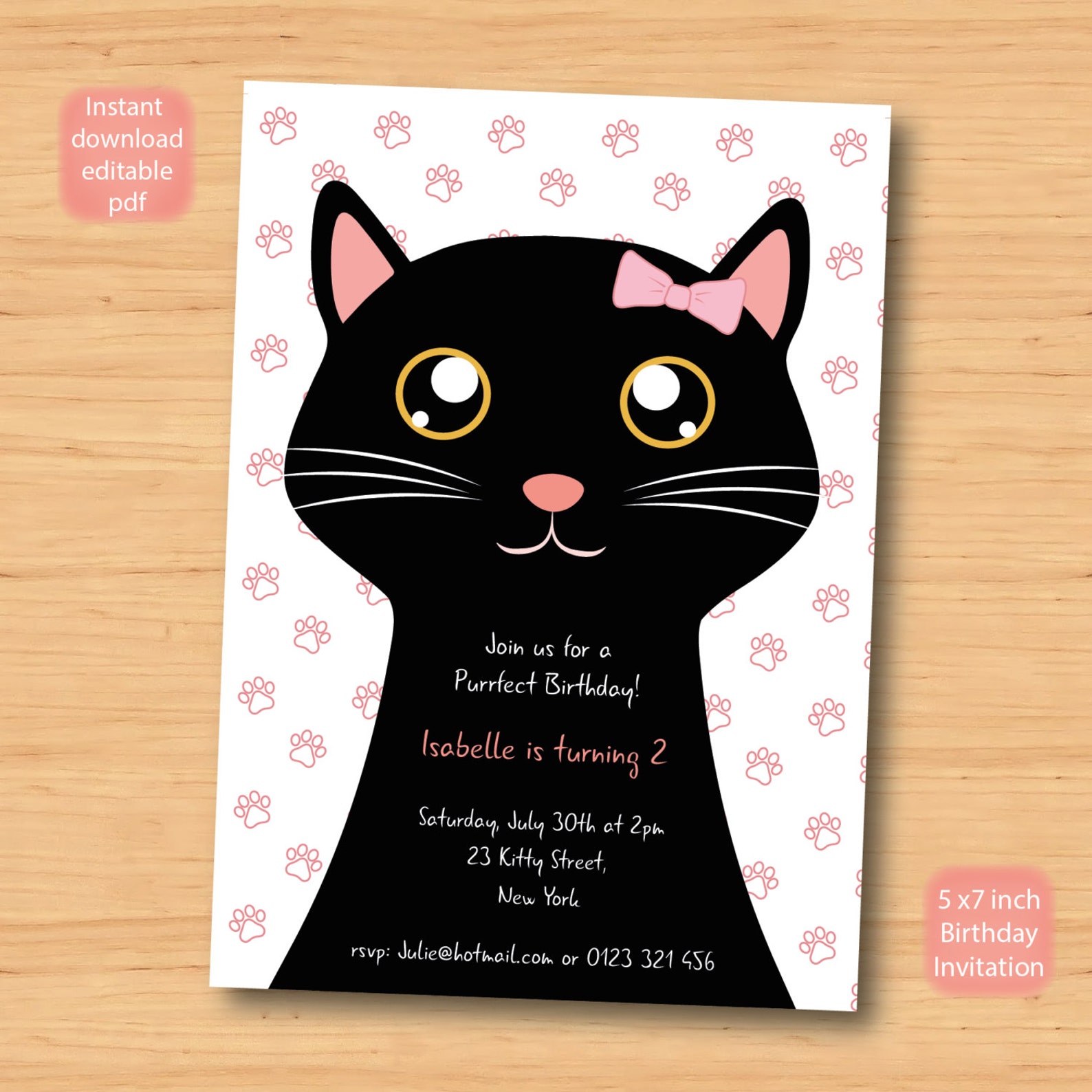Instant Download Personalised Cat and Kitten Birthday Party Invitation ...