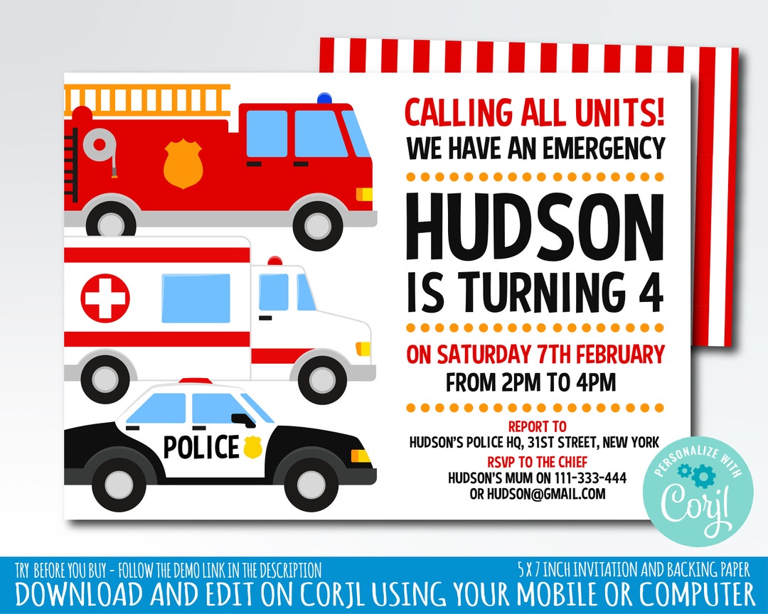 Emergency Vehicles Birthday Party Invitation, Fire Party Invite, Police ...