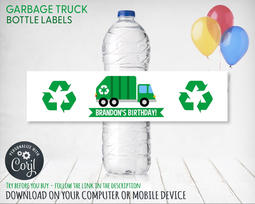 Garbage Truck Water Bottle Label, Recycling Truck Water Bottle, Garbage ...